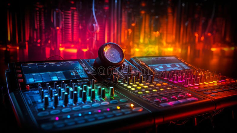 Colorful Audio Spectrum Display Over Sound Mixer Console in a Dark ...