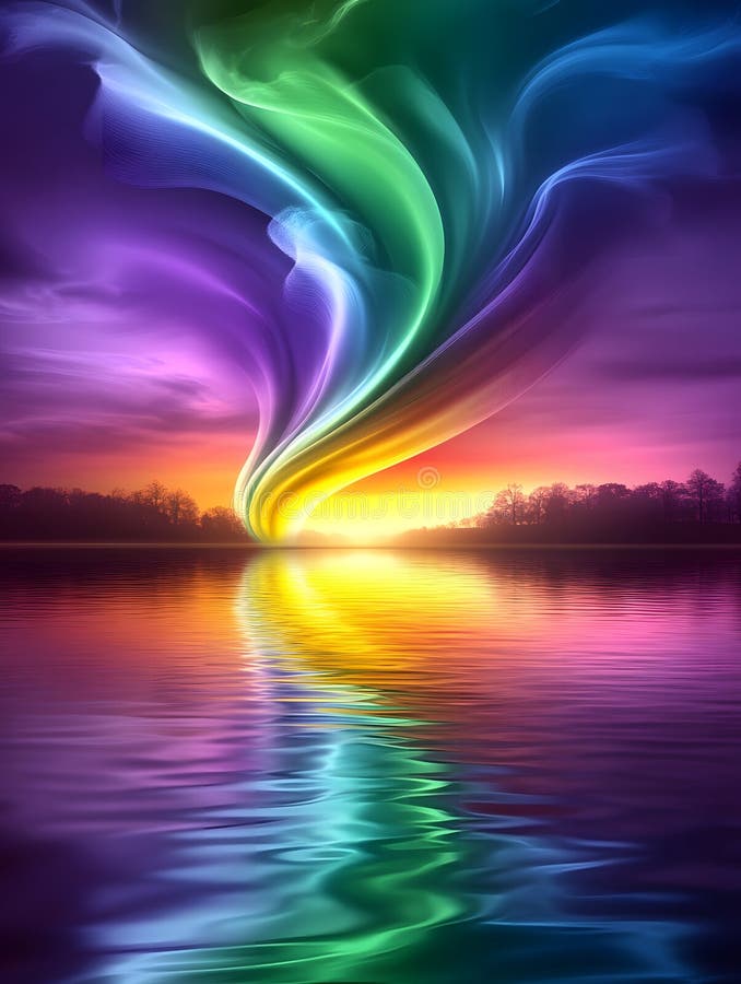 Colorful Aurora Borealis Effect Over Water with Reflections and a ...