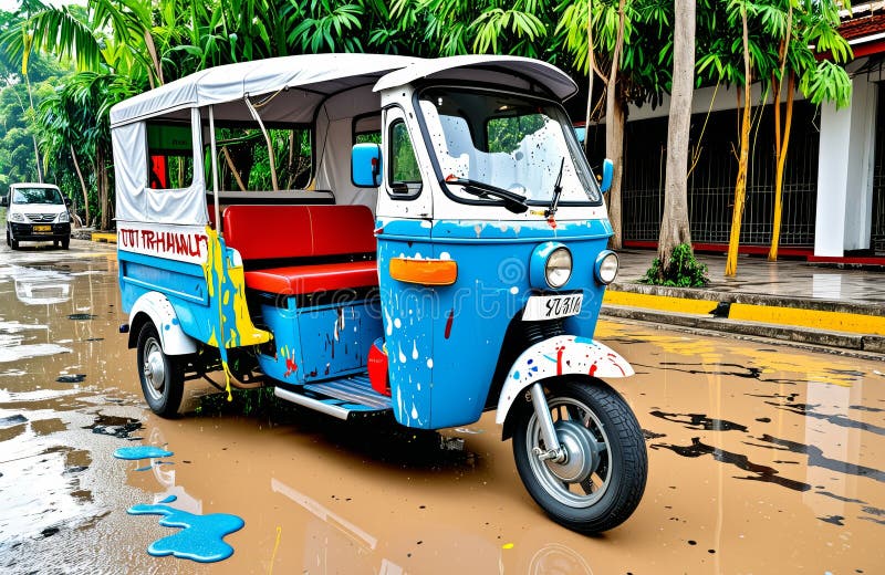 Colorful Auto Rickshaw with Paint Splashes Parked on Rainy Day in Urban ...