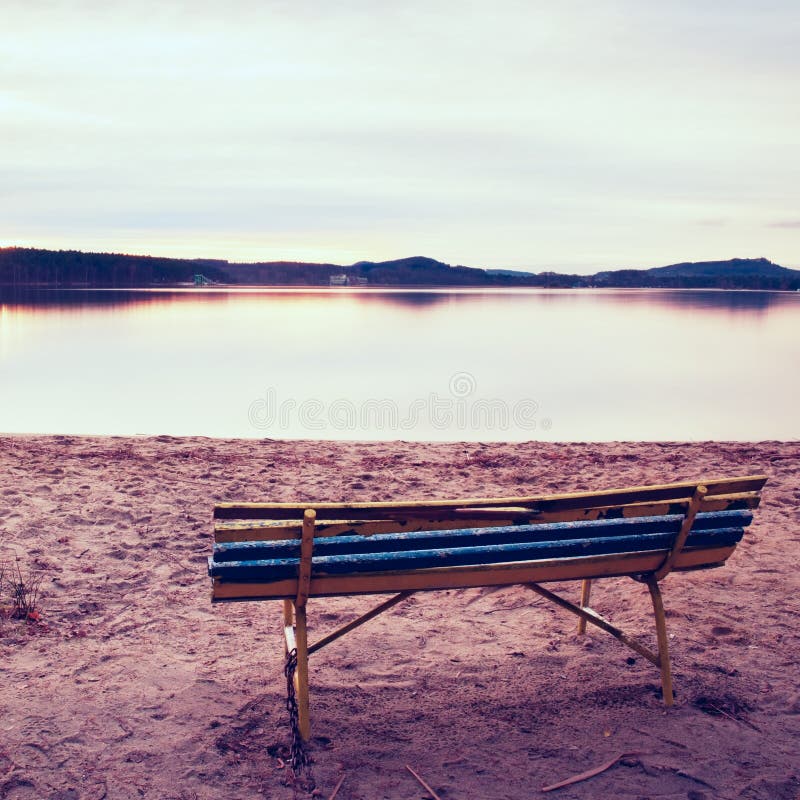 Colorful Autumn Evening. Empty Wooden Bench on Beach of Lake. Stock ...