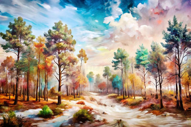 Colorful Autumn Forest Path, Vibrant Trees, Dreamy Sky, Digital Art ...