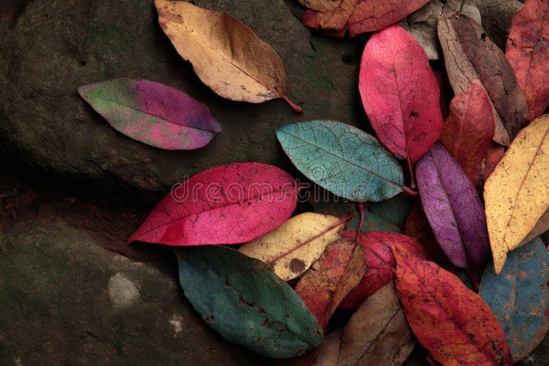 Colorful Autumn Leaves on Dark Rock Surface Stock Illustration ...