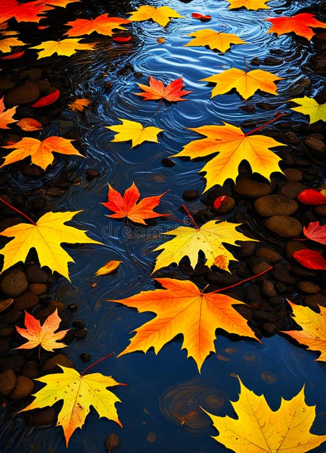 A Colorful Autumn Leaves Falling into a Lake or a Puddle Stock Image ...
