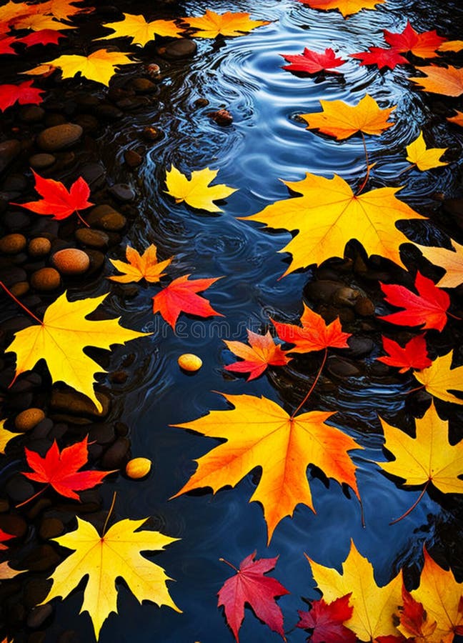 A Colorful Autumn Leaves Falling into a Lake or a Puddle Stock Photo ...