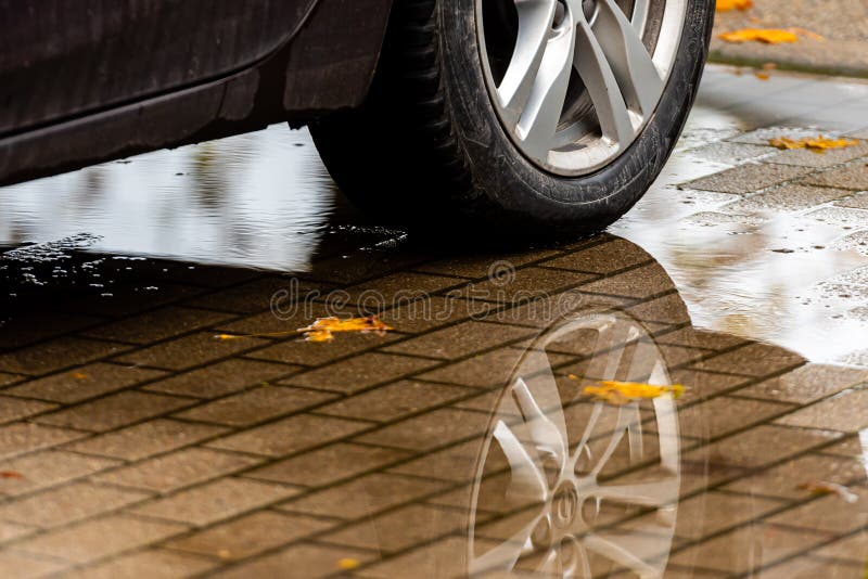 Colorful Autumn Leaves and a Reflection of a Car Wheel in a Puddle ...