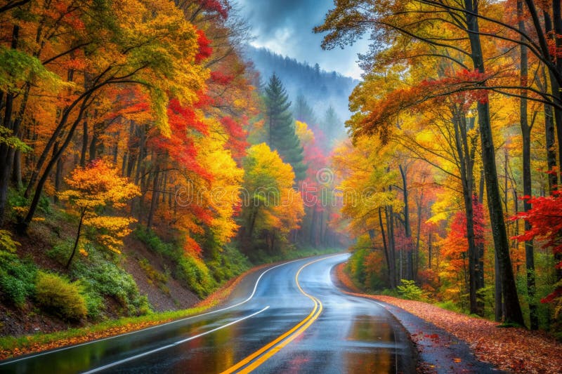 Road in autumn forest stock illustration. Illustration of season ...