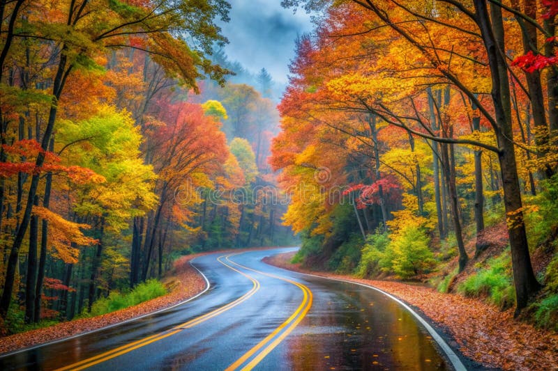 Road in autumn forest stock illustration. Illustration of colorful ...