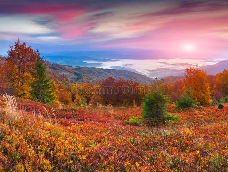 Colorful Autumn Sunrise in Mountains Stock Photo - Image of clear ...