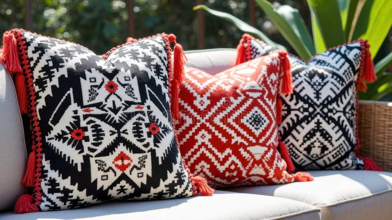 Colorful Aztec-patterned Throw Pillows on Outdoor Sofa in Sunlit Garden ...