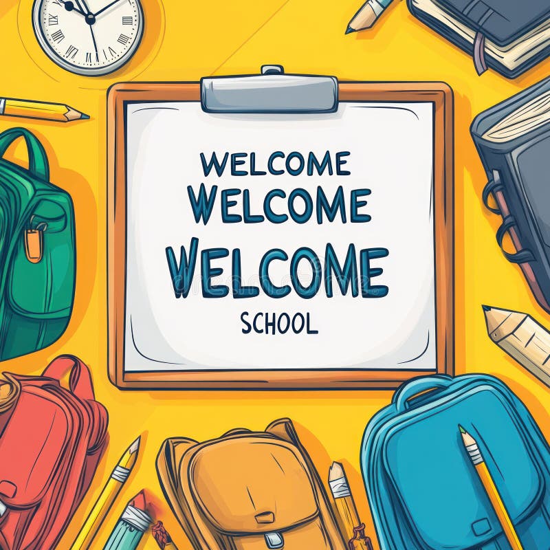 Colorful Back To School Illustration with Backpacks, Pencils, and Clock ...