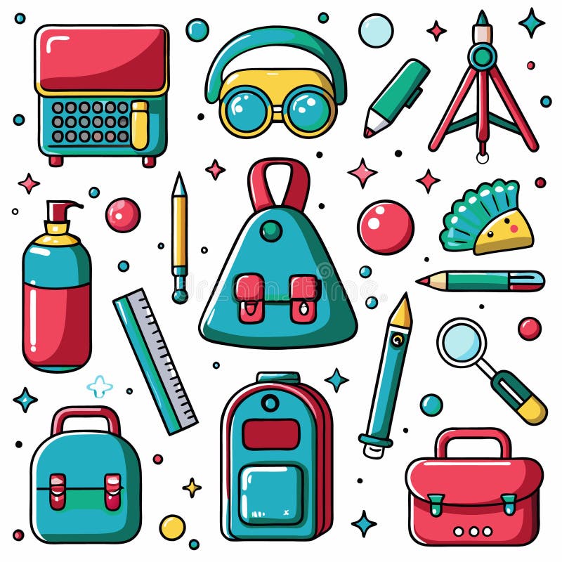 Colorful Back-to-school Supplies Illustration. (18 Stock Vector ...