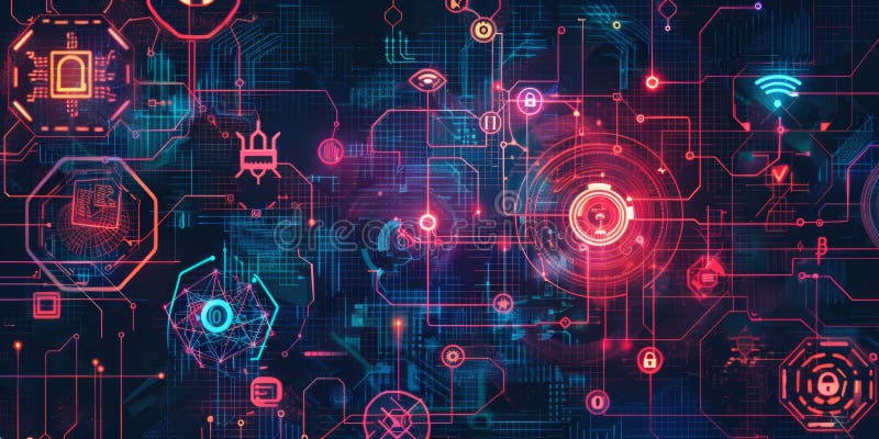 Colorful Backdrop with Abstract Cyber Defense Symbols. Stock ...