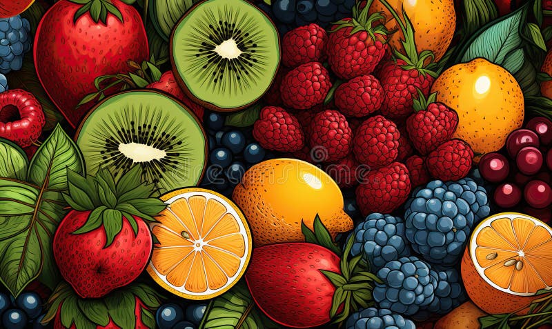 Colorful Background Drawing Assortment Fruits Berries Stock Photos ...