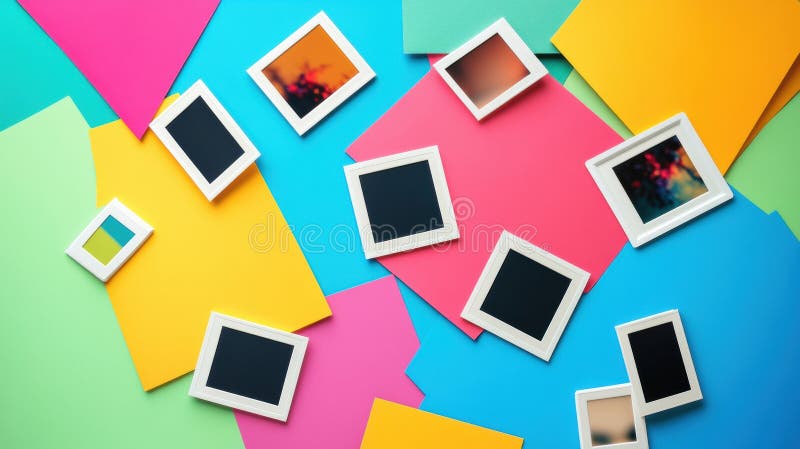 Colorful Background with Scattered White Polaroid Frames Creates a Fun ...