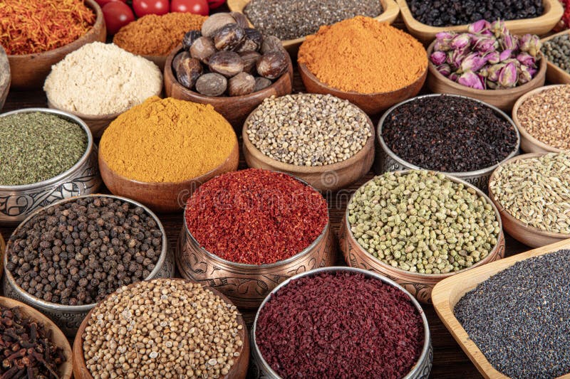 Colorful Background with Various Herbs and Spices for Cooking in Bowls ...