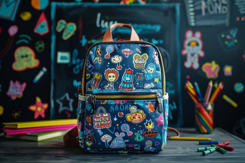 Colorful Backpack Adorned with Playful Designs in a Vibrant Classroom ...