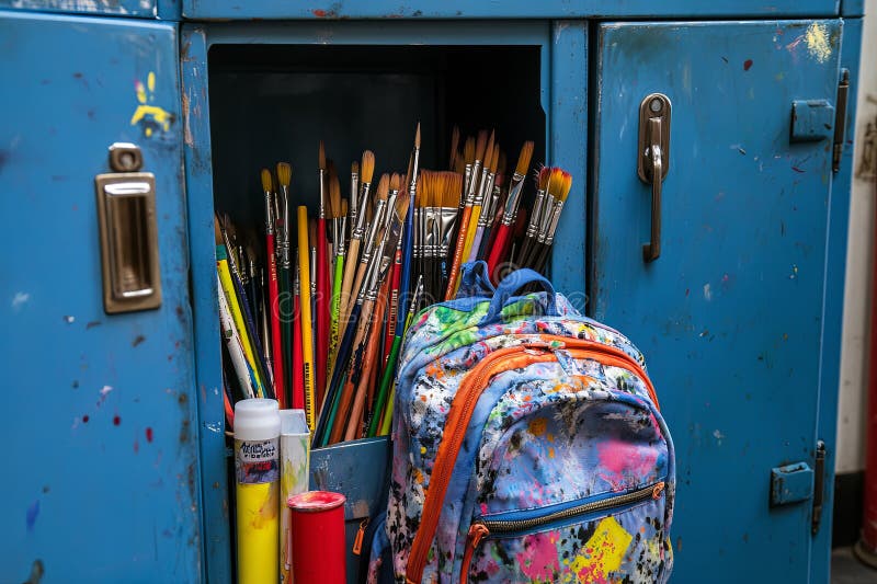 Colorful Backpack and Art Supplies in Blue School Locker Stock Photo ...