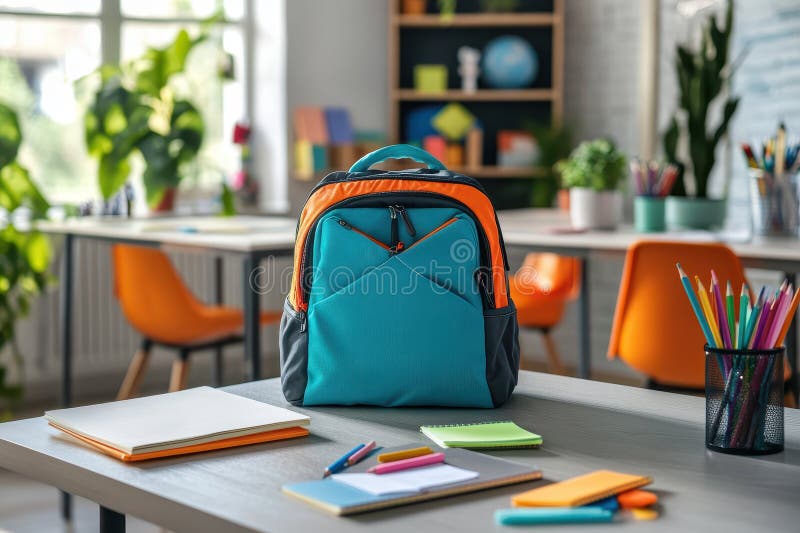 A Colorful Backpack on a Desk Surrounded by Stationery in a Bright ...