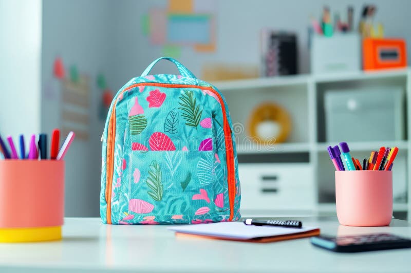 A Colorful Backpack on a Desk Surrounded by Stationery and Notebooks ...
