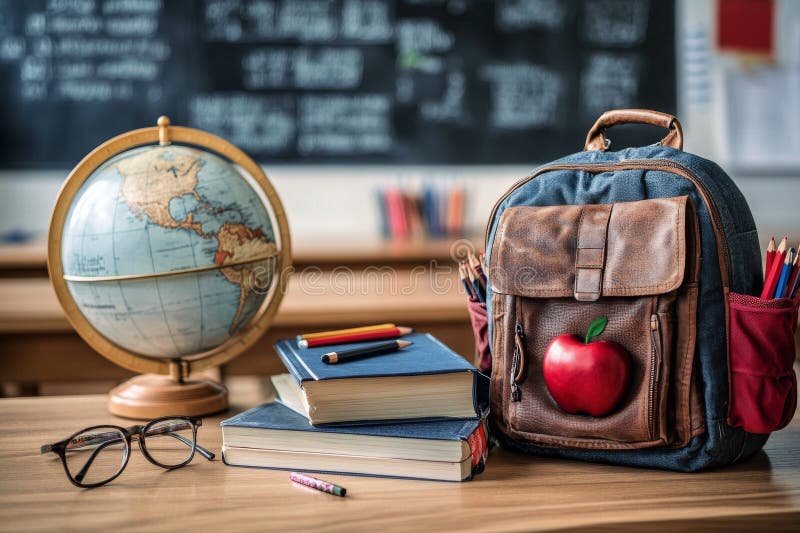 Colorful Backpack with World Map Design Sits on a Wooden Table beside ...