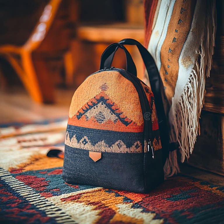 Colorful Backpack with Geometric Pattern on a Rustic Rug Stock ...