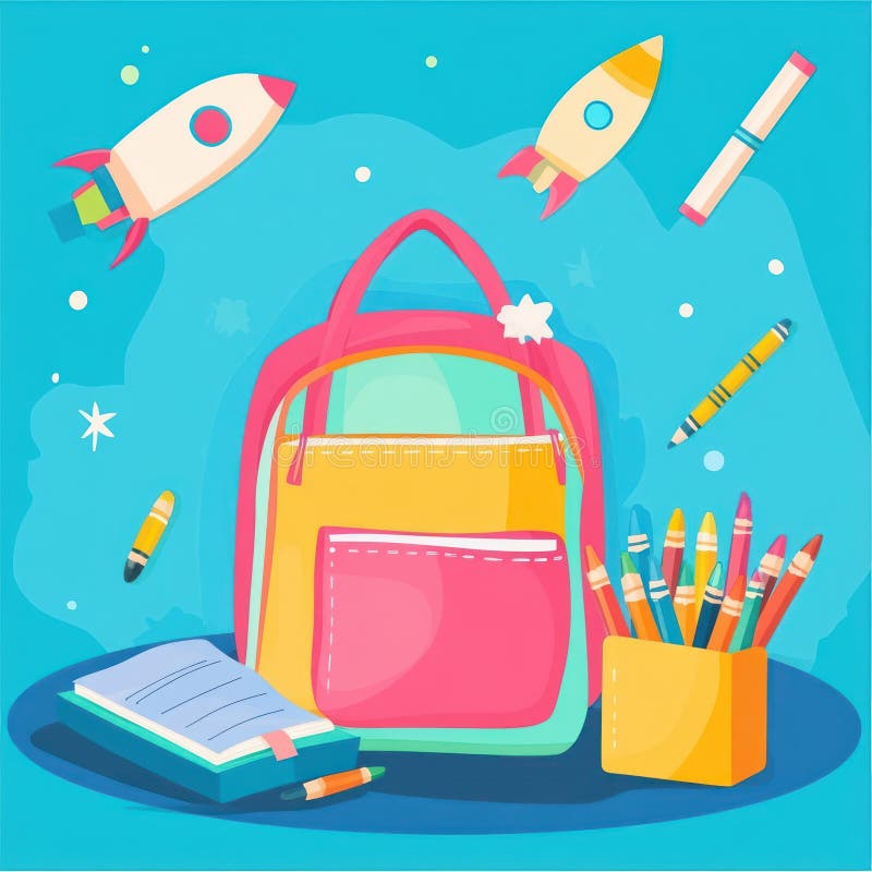 Colorful Backpack Illustration with Rockets, Notebook and Crayons Stock ...
