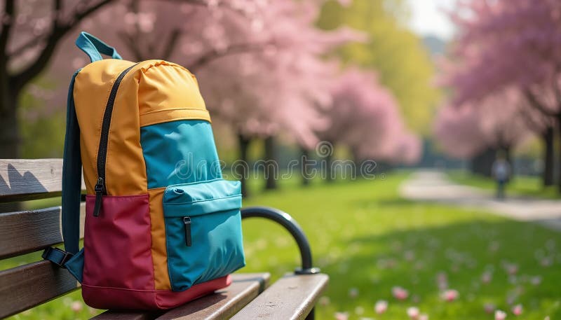 Colorful Backpack Resting on Park Bench in Springtime, Outdoor Serenity ...