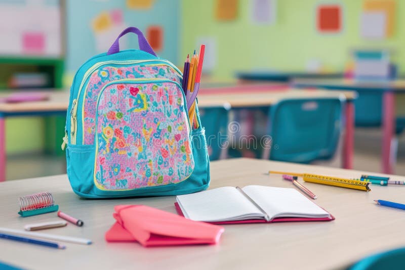 A Colorful Backpack on a School Desk with Stationery and an Open ...