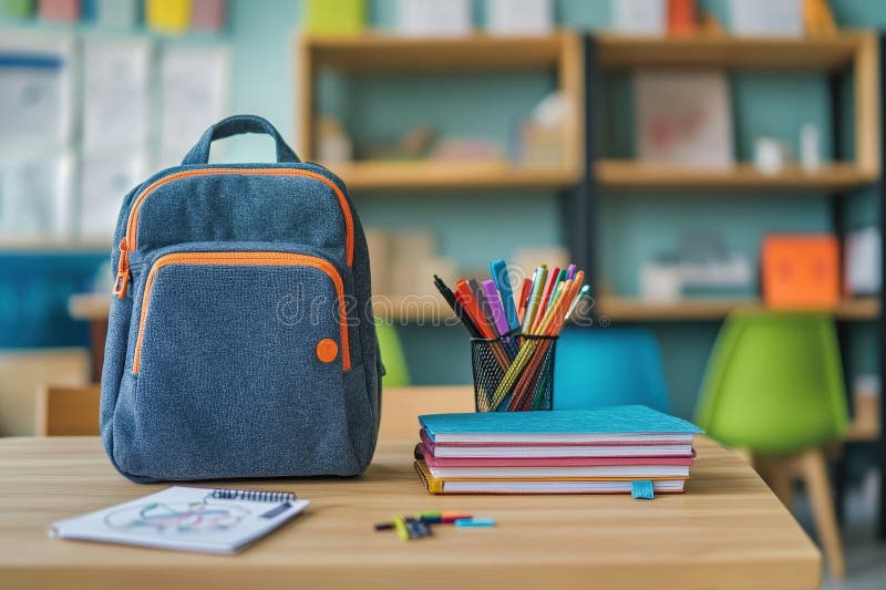 A Colorful Backpack beside Stationery and Notebooks on a Desk in a ...