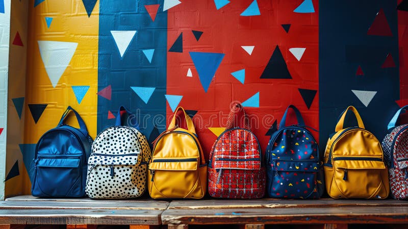 Colorful Backpacks Against a Vibrant Wall Stock Illustration ...