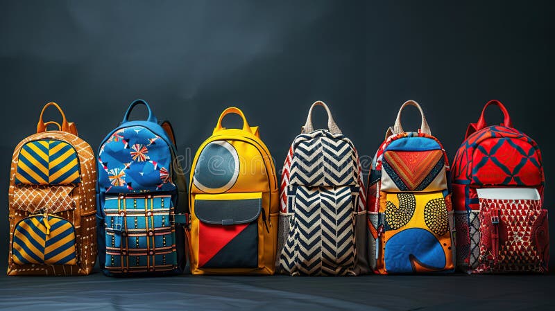 Colorful Backpacks Displayed Against a Dark Background Stock ...