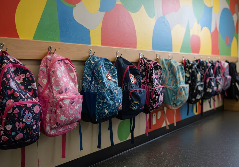 Colorful Backpacks Displayed in Classroom Stock Illustration ...