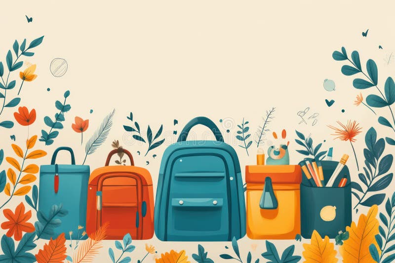 Colorful Backpacks with Floral Border Illustration Stock Illustration ...