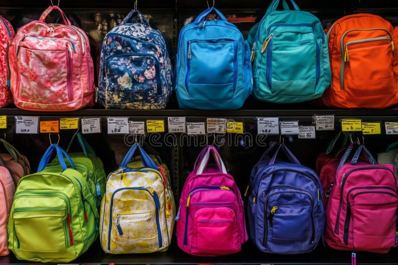 Colorful Backpacks Hanging on Display in a Store Stock Illustration ...