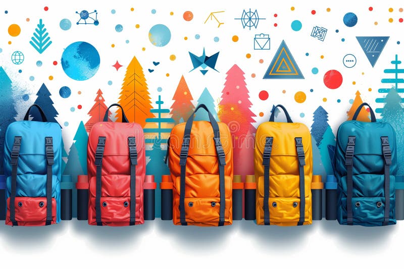 Colorful Backpacks Hanging in a Forest Setting with Geometric Patterns ...