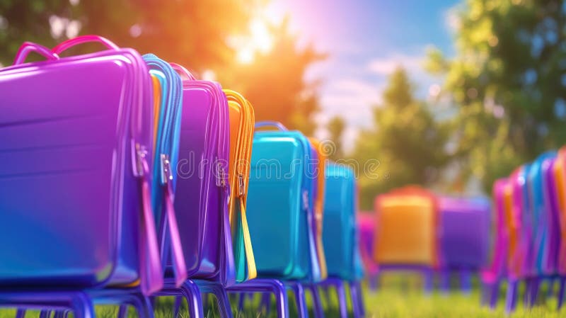 Colorful Backpacks in Sunlit Park Setting Under Bright Sunshine Stock ...