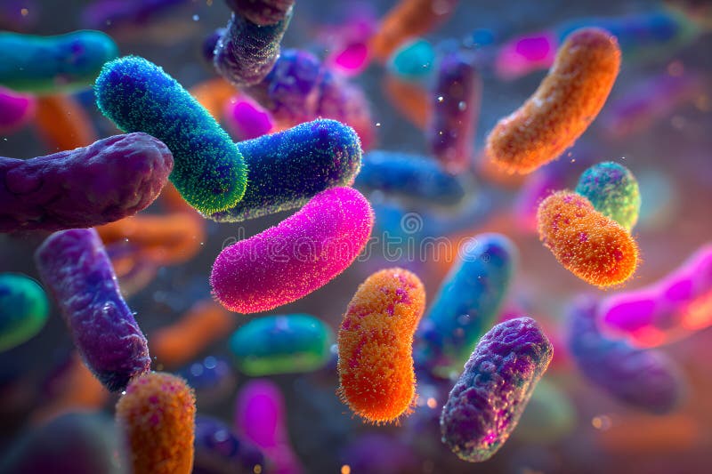 Colorful Bacteria Floating and Multiplying in a Microscopic World Stock ...