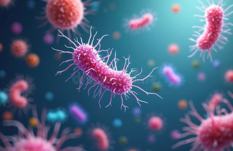 Colorful Bacteria Microbes Floating Against Blue Background ...