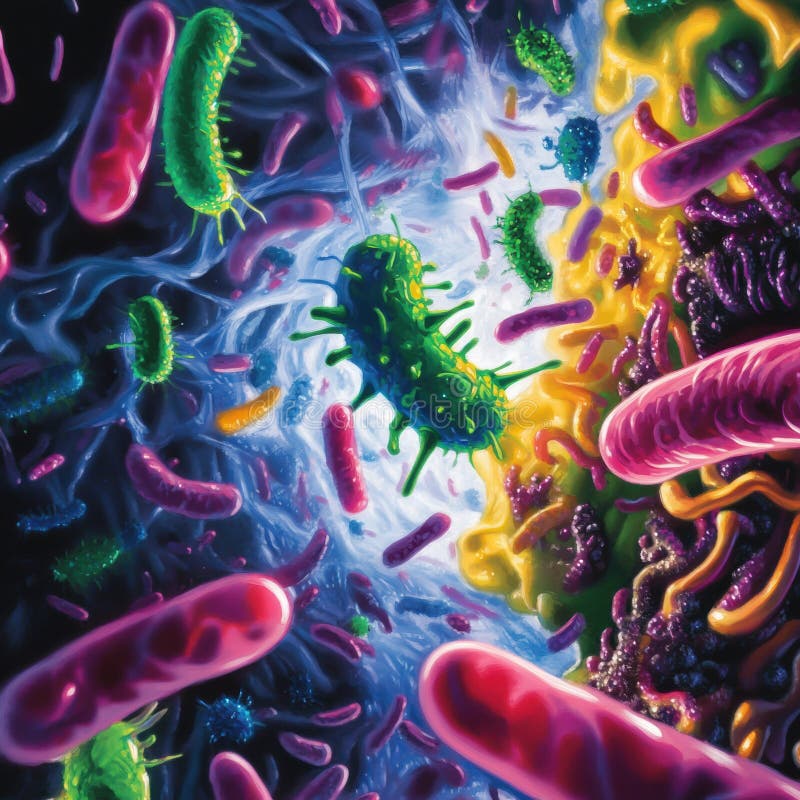 Swirling Bacteria and Microbes in Vibrant Colors Moving through a ...