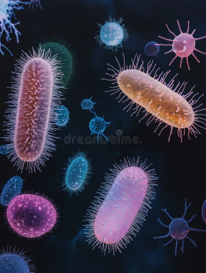 Evolving Bacteria Showcasing Various Shapes and Colors in a Microscopic ...