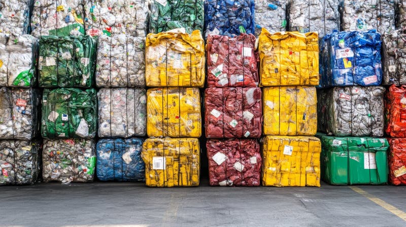 Colorful Bales of Recyclable Material Stacked for Processing in a Waste ...