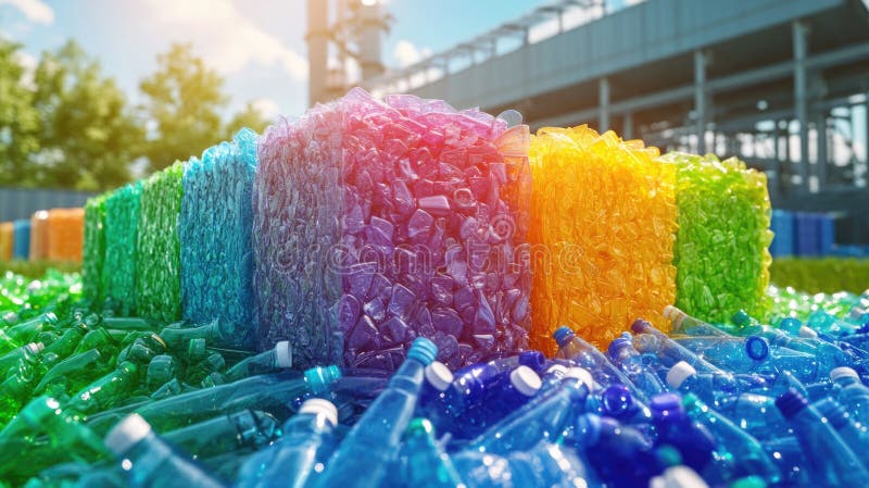 Colorful Bales of Recycled Plastic Bottles in Industrial Setting Stock ...