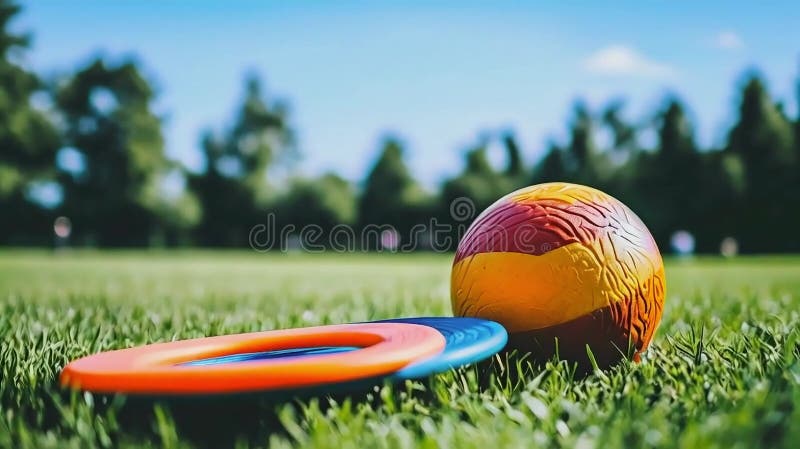Colorful Ball and Flying Discs on Green Grass Stock Video - Video of ...