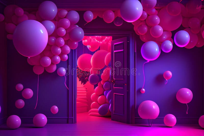 Colorful Balloons in Modern Neon Studio Room Stock Illustration ...