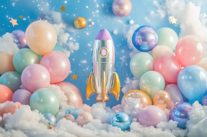 A Colorful Balloon Rocket is Surrounded by a Cloud of Colorful Balloons ...