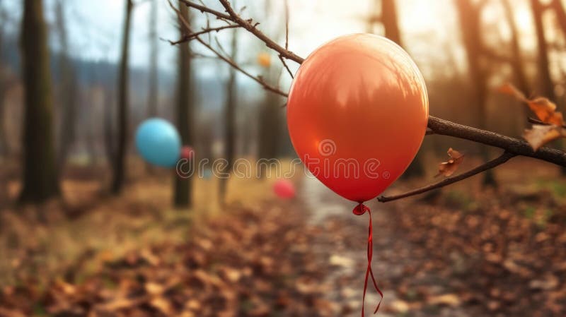 Colorful Balloons in Autumn Forest Pathway Creating a Festive ...