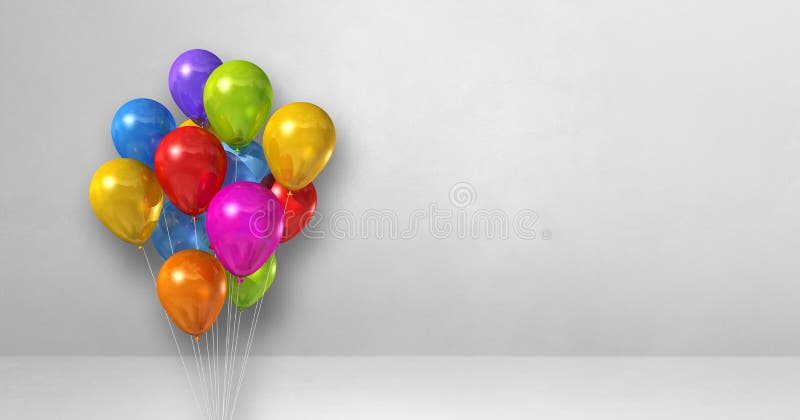 Colorful Balloons Bunch on a White Wall Background. Horizontal Banner ...