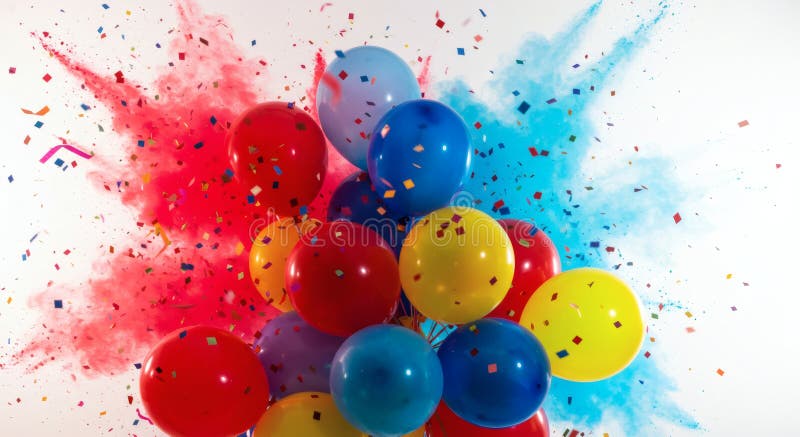 Colorful Balloons Bursting with Celebration Powder and Confetti on ...