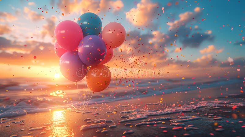 Colorful Balloons and Confetti on a Beach at Sunset Stock Photo - Image ...