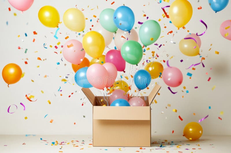 Colorful Balloons and Confetti Exploding from a Cardboard Box Stock ...